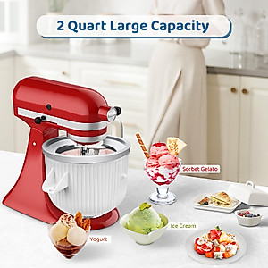 Ice Cream Maker Attachment for KitchenAid Stand Mixer, 2 Quart Frozen Yogurt Ice Cream & Sorbet Gelato Maker Bowl Fits for 4.5 Qt and Larger Stand Mixers, Not for Artisan Mini 3.5Qt Mixer