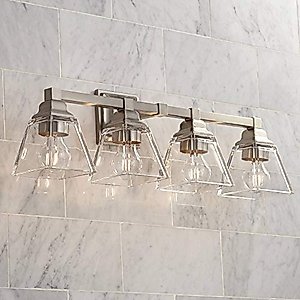 Regency Hill Mencino Mid Century Modern Wall Light Satin Nickel Silver Metal Hardwired 28" Wide 4-Light Fixture Clear Glass Cone Shade for Bathroom Vanity Mirror House Home Room Decor