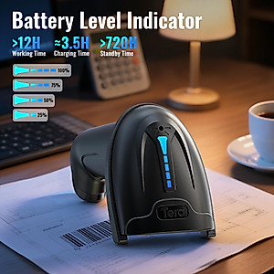 Tera Barcode Scanner Wireless and Wired with Battery Level Indicator 1D 2D QR Digital Printed Bar Code Reader Cordless Handheld Barcode Scanner Compact Plug and Play Model D5100