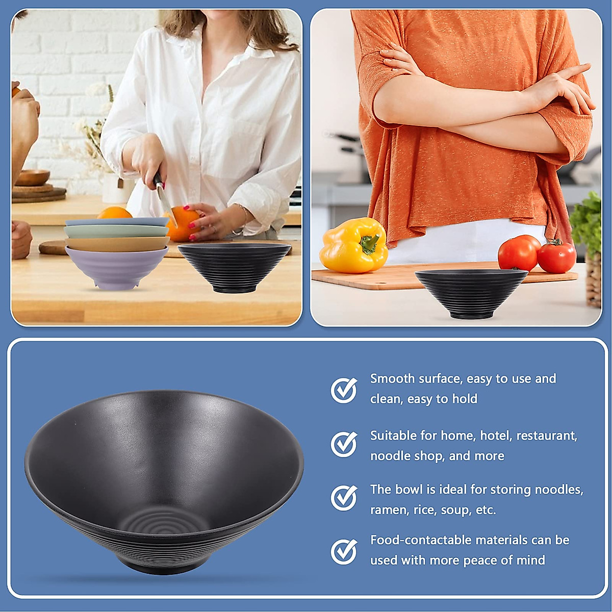 BESTonZON Japanese Style Ramen Bowls, Soup Bowl Melamine Hard Plastic Dishware Ramen Bowl Set with Matching Spoon and Chopsticks for Pho Udon Asian Dishes (4, Black, 9 inches)