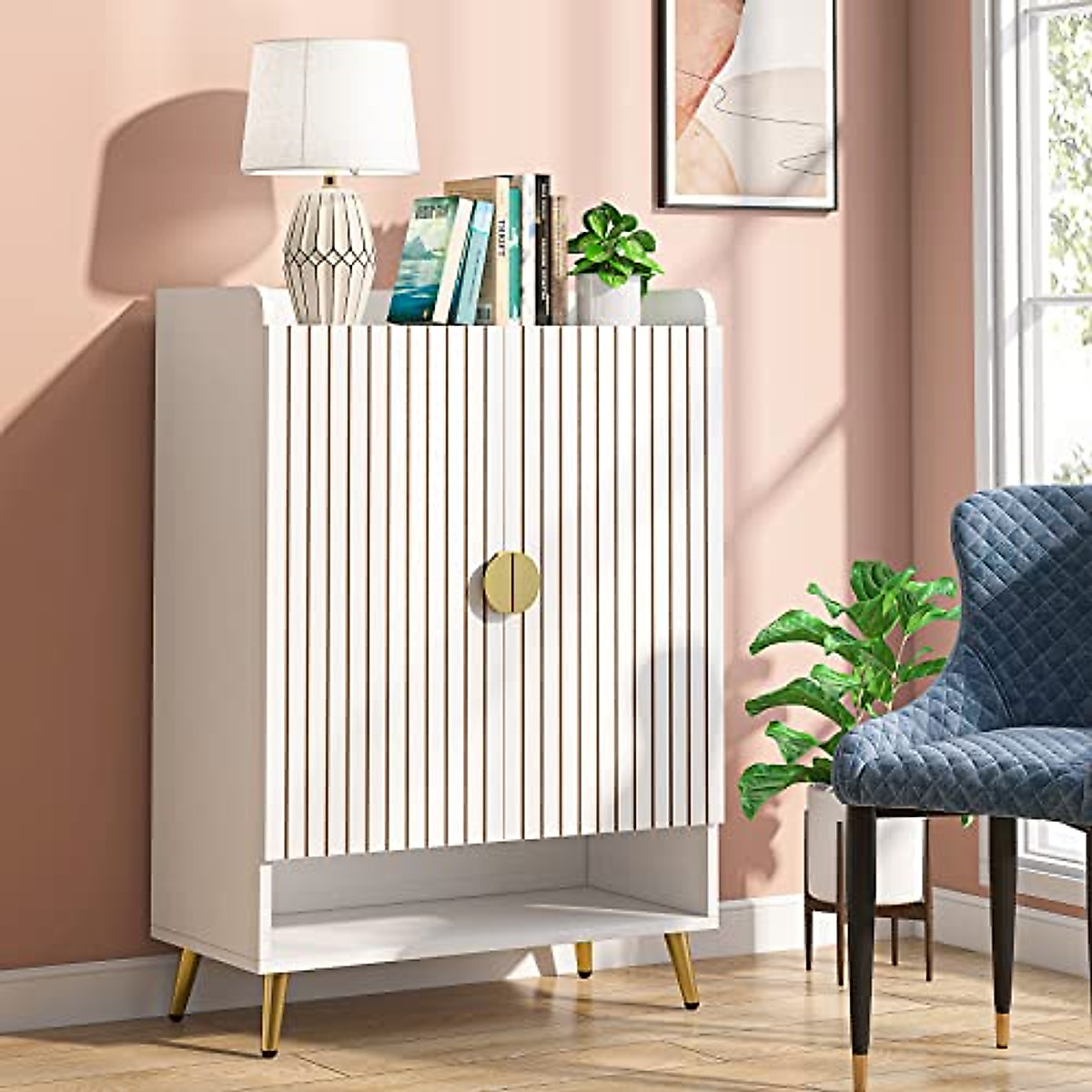 LITTLE TREE Shoe Cabinet, 24 Pair Shoe Cabinets with Doors & Adjustable Shelves, 7-Tier Modern Shoe Racks Storage Organizer for Entryway, Living Room, Bedroom, White + Gold