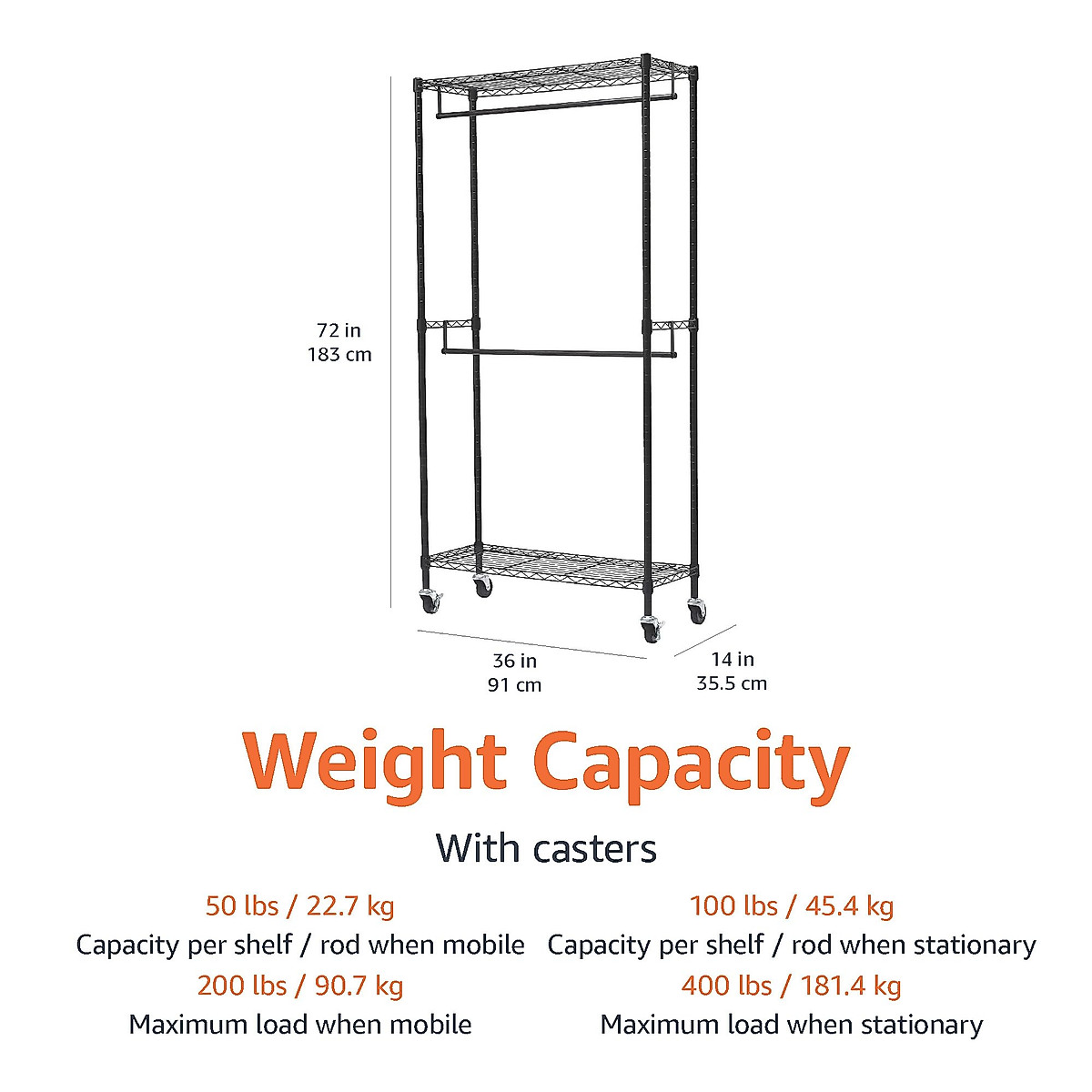 Amazon Basics Adjustable, Double Hanging Rod Garment Rolling Closet Organizer Rack - Black, 72 inches