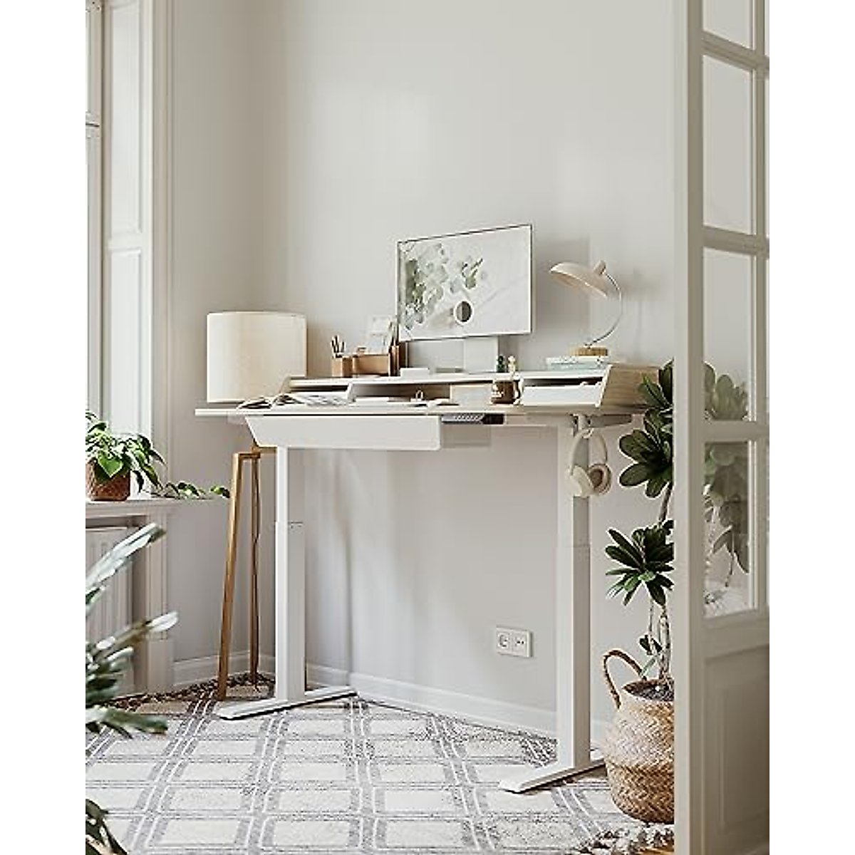 BANTI Height Adjustable Electric Standing Desk with Three Drawers, 48 x 25 Inch Table with Storage Shelf, Sit Stand Desk with Storage Space, Splice Board with White Frame/Light Walnut Top, 48 inch
