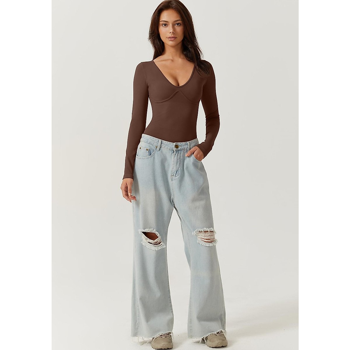 QINSEN Woman's Thick Long Sleeve Slimming Fit One Piece Bodysuit for Fall Winter Brown M