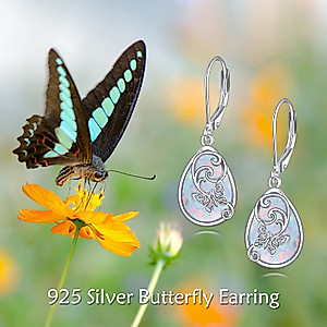 Butterfly Earrings Sterling Silver Opal Celtic Knot Butterfly Dangle Dangling Drop Dangly Leverback Earrings Insect Jewelry Gifts for Women