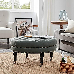 BELLEZE Modern 34 Inch Round Linen Ottoman with Caster Wheels, Contemporary Classic Footsool Bench with Button Tufted Top, Nailhead Trim, Wood Legs - Ravenna (Elephant Grey)