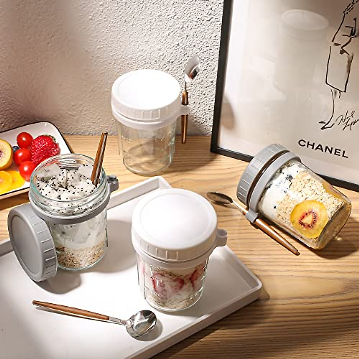 Overnight Oats Containers with lids and Spoons: 16 oz Mason Jars for Overnight Oats - 4 Pack Glass Meal Prep Container for Oatmeal - Food Storage Containers/Canning Jars/Food Jars & Canisters