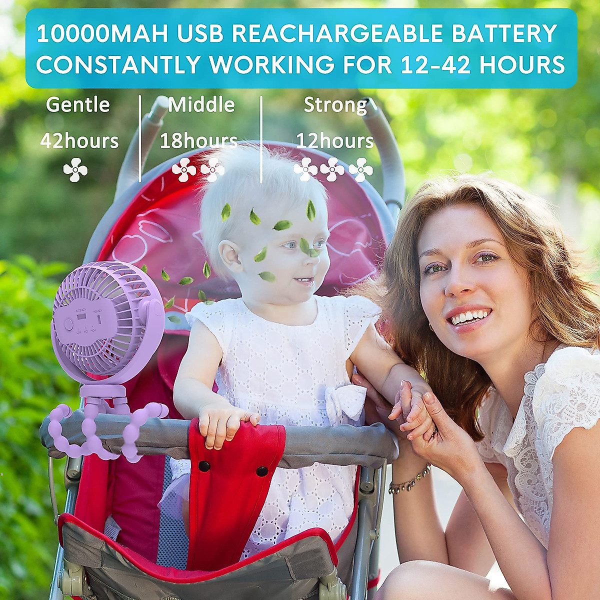 BIDLOTCUE Stroller Fan, Used As Power Bank, 42Hrs 8000mAh Rechargeable Battery Operated Fan, Small Clip On Fans For Baby Stroller, Car Seat, Bed, Golf Cart, Beach, Peloton Bike, Portable Fan