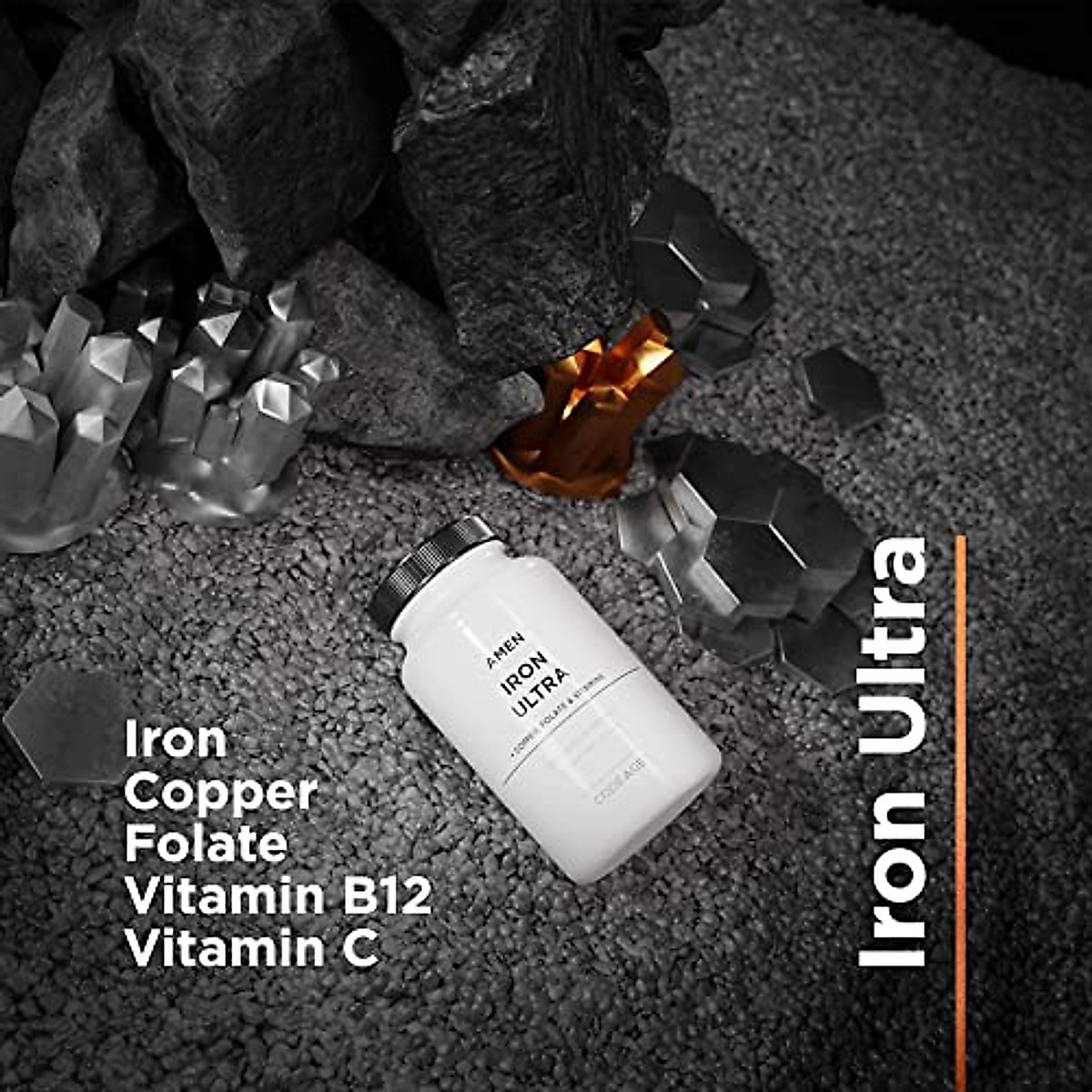 Amen Iron Ultra Supplement + Copper, Folate, Vitamin C and Vitamin B12-2-Month Supply - Ferrous Sulfate Iron Vitamin - Iron 65mg Per Serving - Iron Folic Acid - Non-GMO Iron Pills - 60 Capsules