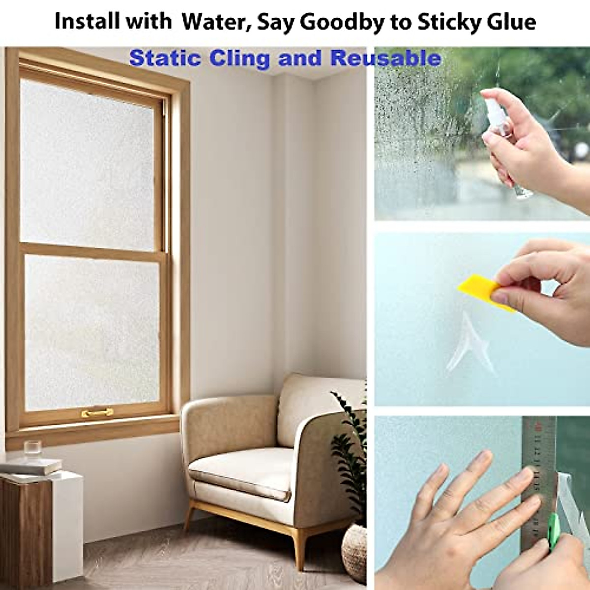 Dovesail Frosted Glass Window Film, Window Privacy Film with 3 Pieces Tools, Removable Static Cling Window Sticker Non-Adhesive Privacy Protection for Home Office,17.5 x 78.7 Inch, Matte Pure