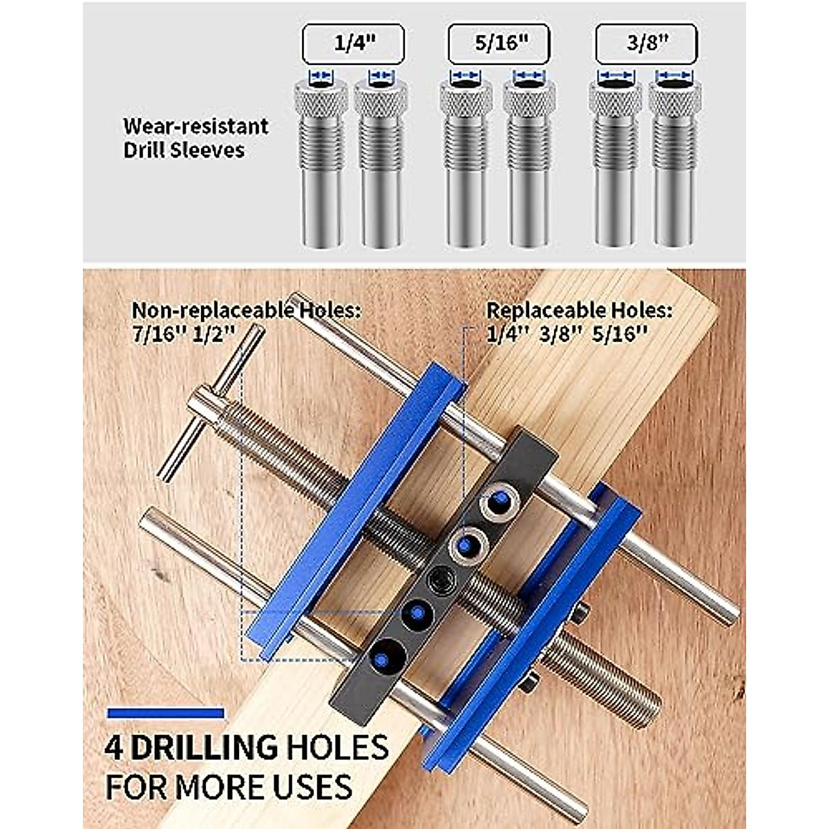 DAYDOOR Wide Capacity Self Centering Doweling Jig Kit, Adjustable Width Dowel Jig for Woodworking, 6.7inch Centering Jig for Straight Holes Biscuit Joiner Set with 6 Bushings and 3 Drill Bits(Blue)