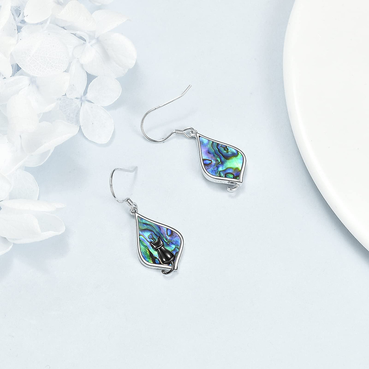 Cat Earring for Women Sterling Silver Teardrop Abalone Cat Dangle Earrings Jewelry