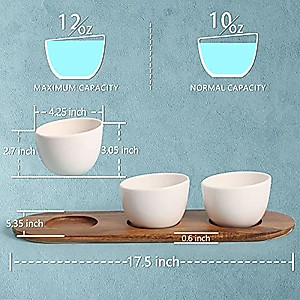 Wareland Chip and Dip Serving Set with Acacia Wooden Tray, 12oz White Glazed Ceramic Dipping Bowls, Serving Dishes for Entertaining, Small Serving Bowls for Side Dishes, Salsa, Appetizers, Condiments