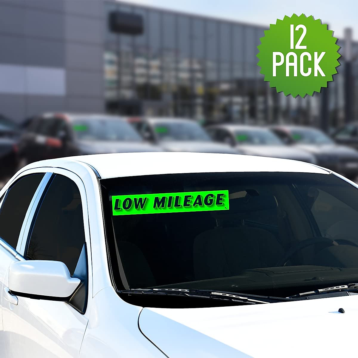Versa Tags Windshield Slogan Stickers 12 Pack of FINANCING Available Stickers 12 Pack of Low Mileage Slogans 12 Pack of Loaded Window Stickers (36) Dealership Stickers Black On Green