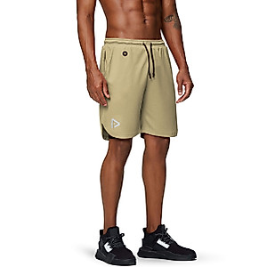 Pinkbomb Men's 2 in 1 Running Shorts Gym Workout Quick Dry Mens Shorts with Phone Pocket (Khaki, Medium