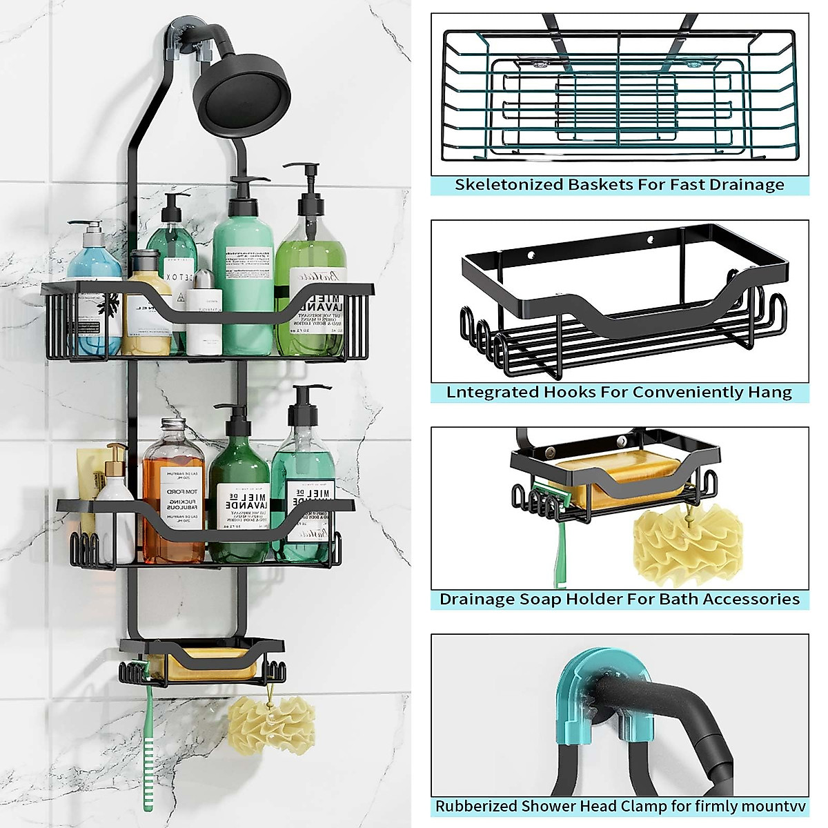 Singolas Shower Caddy Hanging, Over the Shower Head Caddy Organizer with 12 Hooks for Razor and Sponge, Anti-Swing, Rustproof Bathroom Organizers and Storage Hanging Shower Organizer Bathroom Shelves
