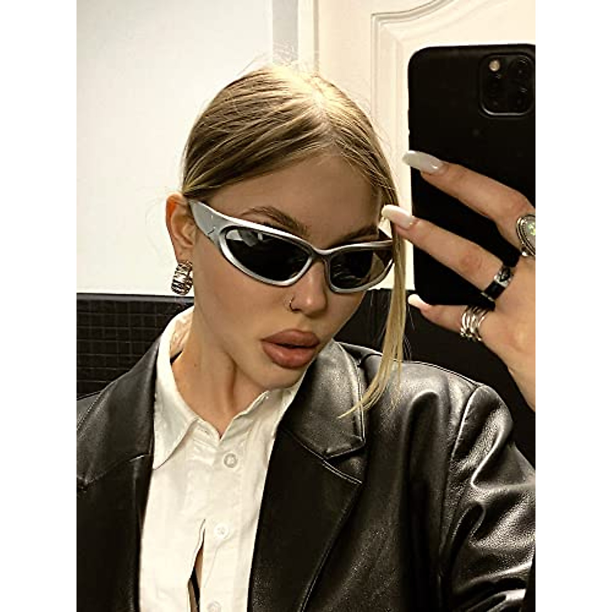 FEISEDY Futuristic Wrap Around Sunglasses Oval Cool Y2K Visor Thick Frame Vintage 90s for Men Women B2951