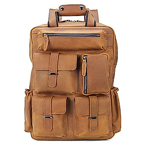 Cowhide Leather Multi Pockets 16 Inch Laptop Backpack Day Pack Travel Bag (Light Brown(Updated Version))