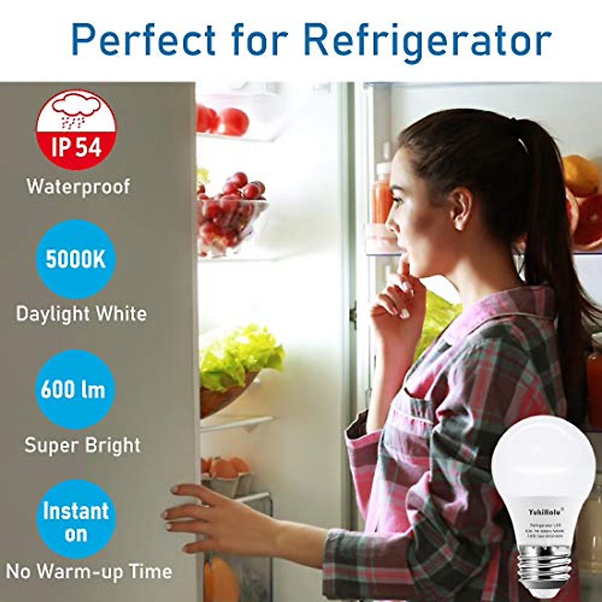YukiHalu, LED Refrigerator Light Bulb 60W Equivalent A15 Appliance Fridge Bulbs, Waterproof 600 Lumen 7W 120V Daylight 5000K E26 Medium Base, Small Size Bulb for Damp Location, Not-Dim, 2-Pack