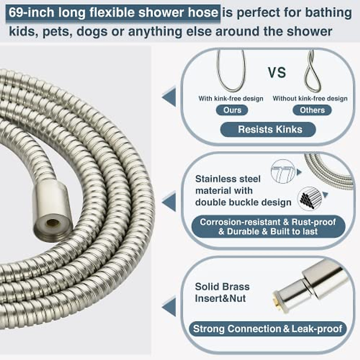 BRIGHT SHOWERS Stainless Steel Slide Bar Grab Rail Set Ada Compliant Includes Handheld Shower Head and 69-Inch Hose (Brushed Nickel)
