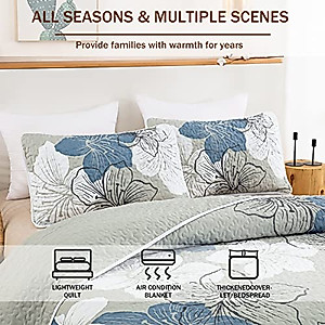 DJY 3 Pieces Quilt Set King Blue Floral Pattern Quilt Coverlet Elegant Bohemian Bedspread with 2 Pillow Shams Soft Lightweight Bedding Quilt Set for Adults (Blue, 104"x90")