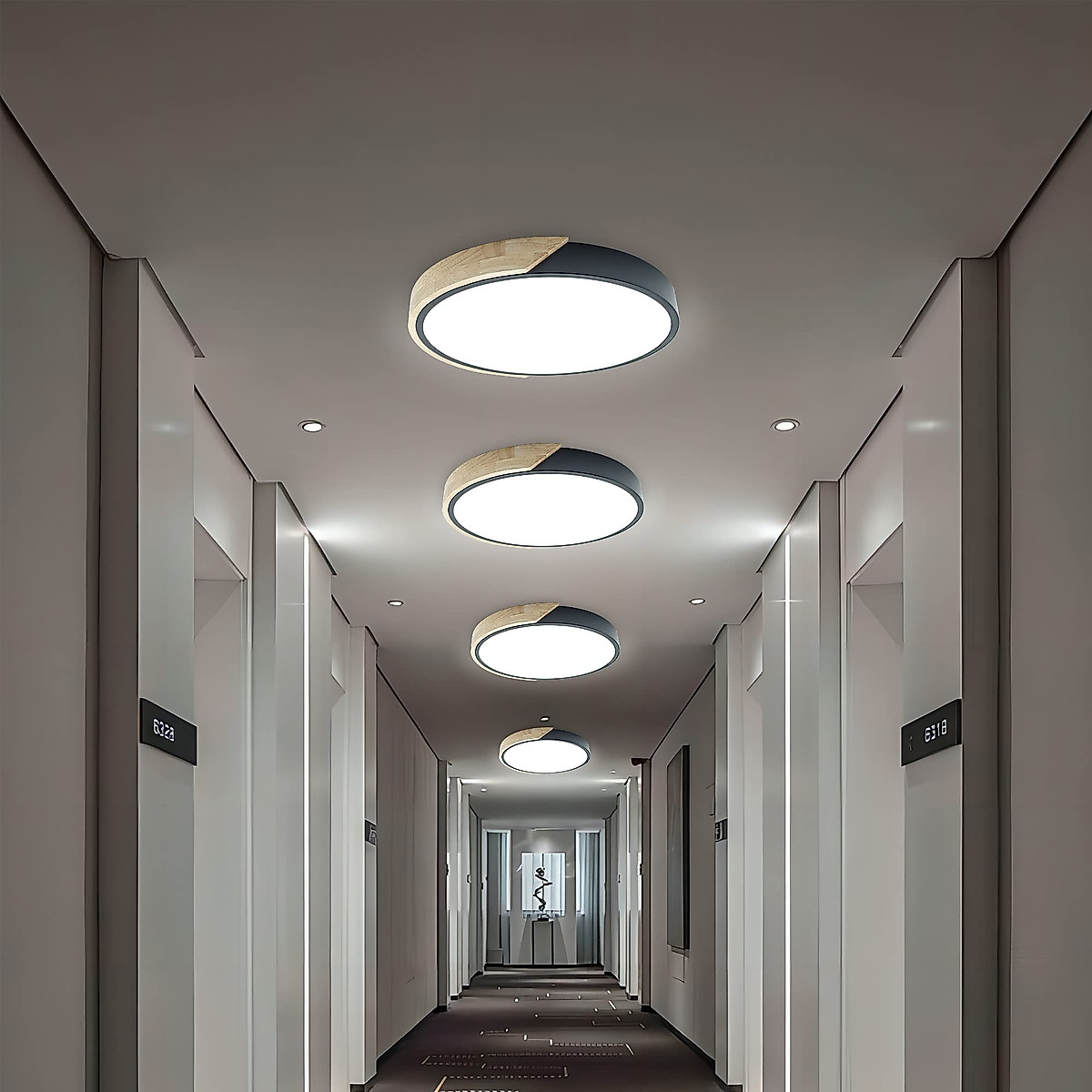 LED Ceiling Light, Minimalist Flush Mount Ceiling Light Fixture, 4500K, Close to Ceiling Light Fixtures with Black Metal and Wood Design, Round Ceiling Lights for Bedroom Closet Hallway