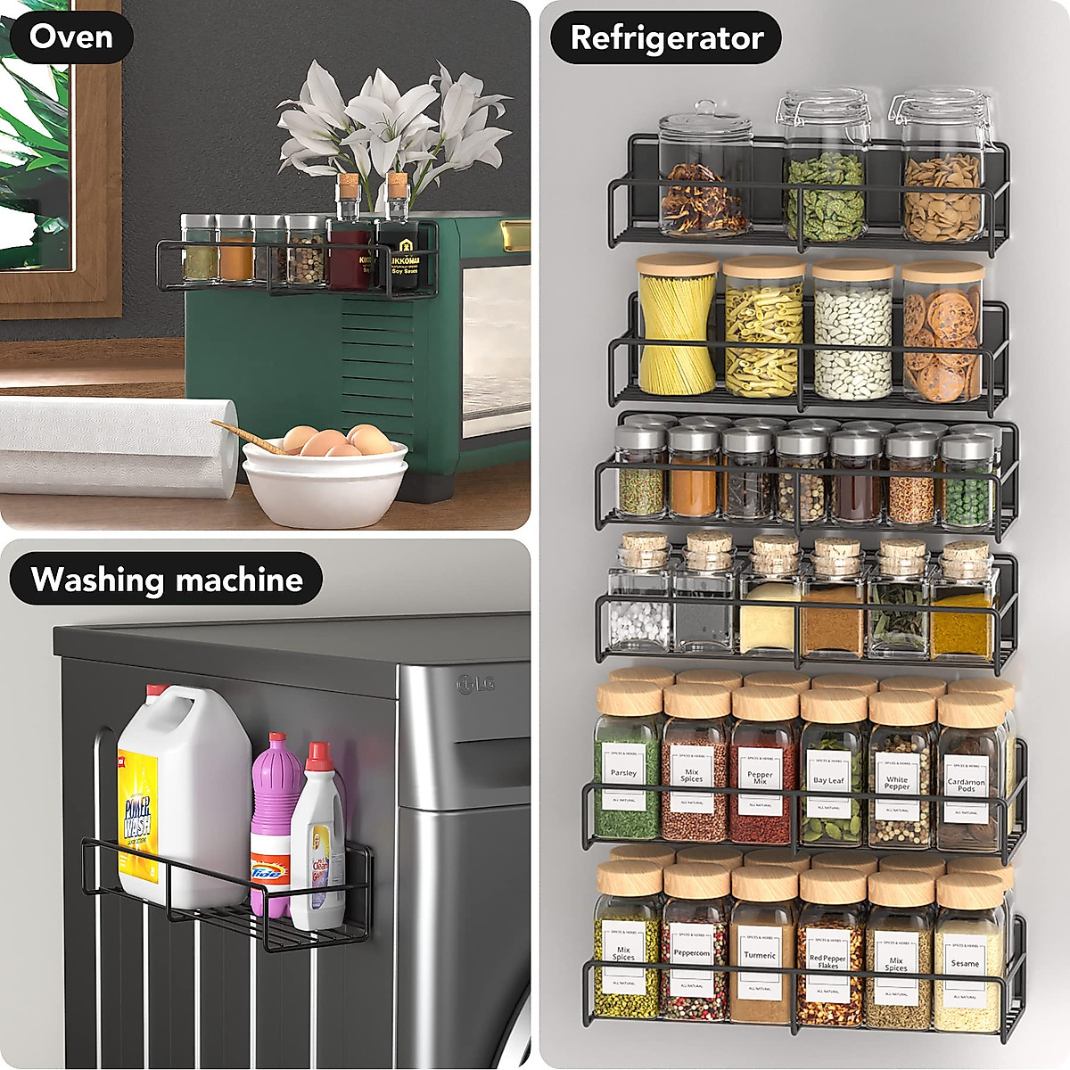 Magnetic Spice Rack Organizer 6 Pack, Magnetic Spice Rack for Refrigerator, Magnetic Shelf for Holding Spices, Jars, Seaoning and Bottle, Metal&Black