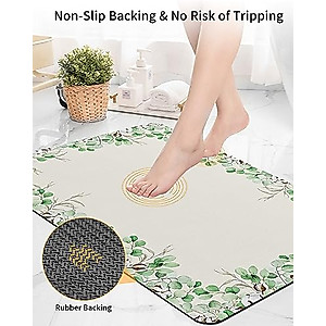 Gogobebe Super Absorbent Diatom Mud Mat Summer Eucalyptus Leaves Watercolor Retro Linen Quick-Drying Thin Bath Mat Non-Slip Bathtub Mat Anti-Skid Rubber Bathroom Shower Mat 16x24in