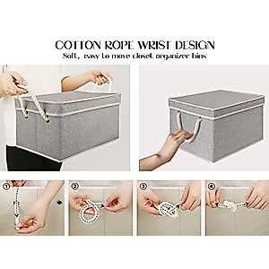 LoforHoney Home Fabric Storage Bins with Lids for Organizing, Foldable Storage Boxes with Lids for Shelves, Clothes Baskets with Cotton Rope Handles, Closet Storage Bins, Large, Light Gray, 2-Pack