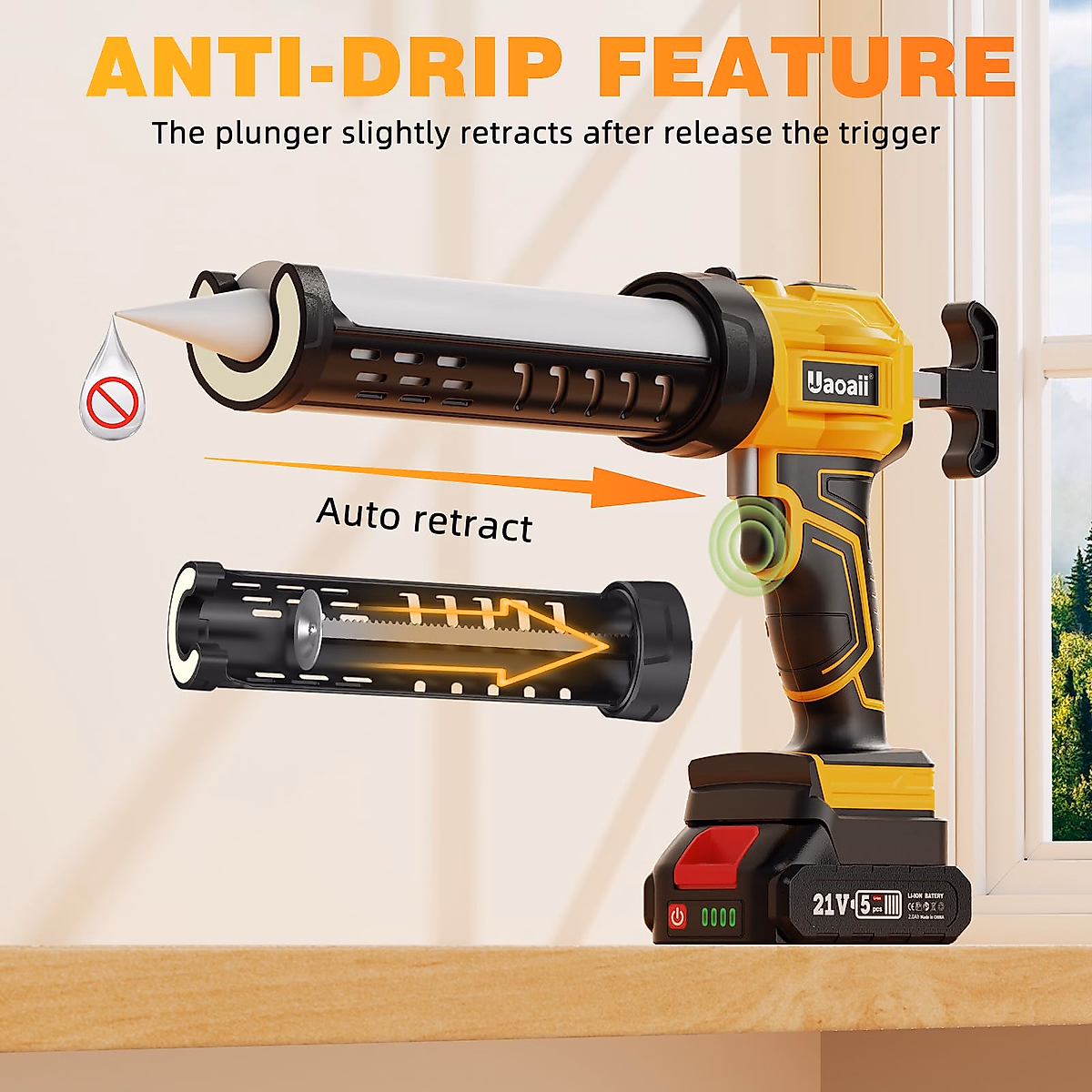 Cordless Caulking Gun w/ 2 Batteries, Uaoaii Electric Caulking Gun Battery Operated w/ 4 Adjustable Speeds, LED Light, Drip-Free Adhesive 10OZ/300ML Caulk Gun for Filling, Sealing