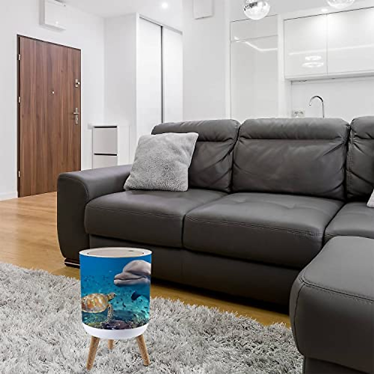 Small Trash Can with Lid Dolphin and Turtle Underwater on Reef 7 Liter Round Garbage Can Elasticity Press Cover Lid Wastebasket for Kitchen Bathroom Office 1.8 Gallon