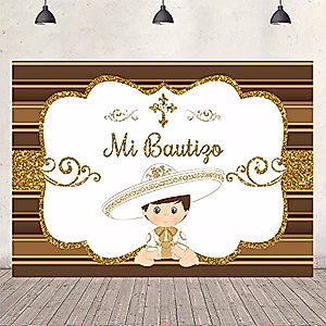 Mi Bautizo Baptism Backdrop,Mexican Hat Boy Gold Dots Brown Stripes Baby Shower Spanish Themed Party Decorations Supplies for Photography Background 5x3ft Banner Photo Booth
