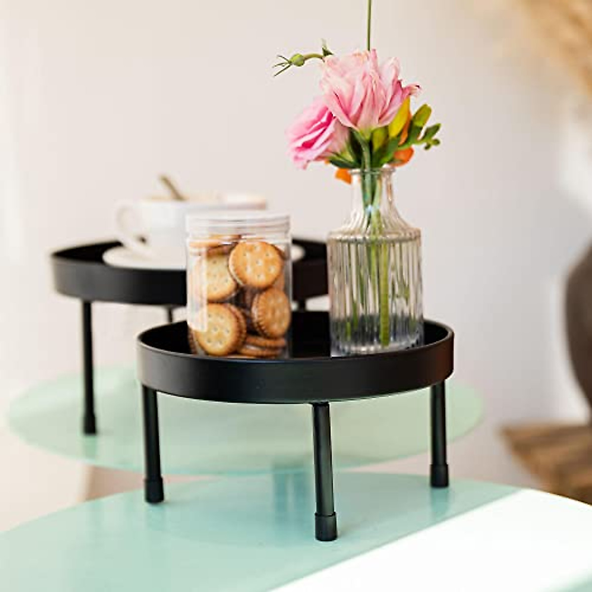 Defined Deco Black Metal Pedestal Stand,Set of 2 Stackable Cake Stand,Food Display Riser,Cupcake Stands Display,Dessert Display Plate Serving Tray for Baby Shower Wedding Birthday Party.