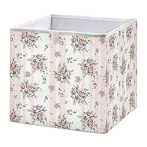 Kigai Beautiful Flowers Floral Bouquet Pink and White Stripes Foldable Storage Bins Cube, Closet Storage Baskets for Shelves Storage Box Open Storage Bins or Nursery Shelf, Closet, Office 11x11x11in