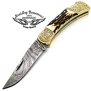 Best.Buy.Damascus1 Damascus pocket knife, Folding knife, Pocket Knife For Men, Knife Set with knife sharpeners Premium Quality gifts for men (antlers Scrimshaw)