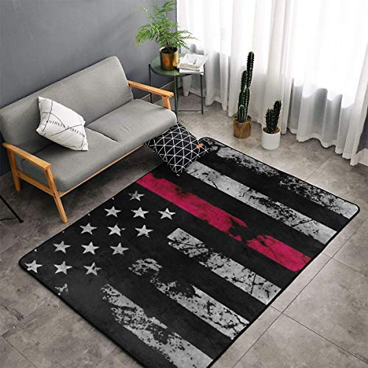 MODREACH 60 x 39 inches Area Rug Easy to Clean Stain, Contemporary Style Thick Soft Living Dining Room Rug (Firefighter Thin Red Line American Flag)