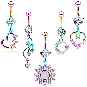 kwoencxi 14G Belly Button Ring for Women Stainless Surgical Steel Long Dangle Curved Hypoallergenic Belly Navel Ring Barbells Bar Belly Piercing Jewelry for Women Colorful 10mm CZ Diamond Gem