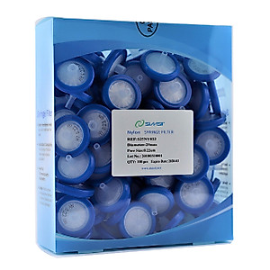 Simsii Syringe Filter, Nylon Membrane, Non Sterile Lab Disc, Diameter 25mm, Micron Pore Size 0.22 Micron,Disc Shape Blue Corded,PP Housing,Luer Lock,100 of Pack,