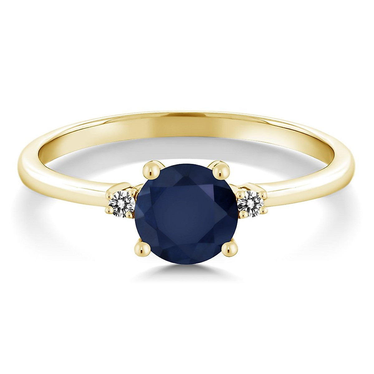 Gem Stone King 10K Yellow Gold Blue Sapphire and White Diamond Solitaire Engagement Ring For Women (1.03 Cttw, Round 6MM, Gemstone September Birthstone, Size 5)