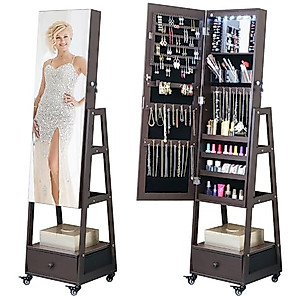 MASMIRE Standing jewelry Armoire organizer,Full Length mirror with storage (Brown, 63 * 14.5)