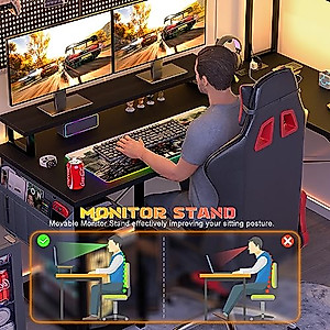 Aheaplus Small L Shaped Gaming Desk with LED Lights & Power Outlets, Reversible L-Shaped Computer Desk with Monitor Stand & Storage Shelf, Corner Desks Home Office Desk with Storage Bag, Black