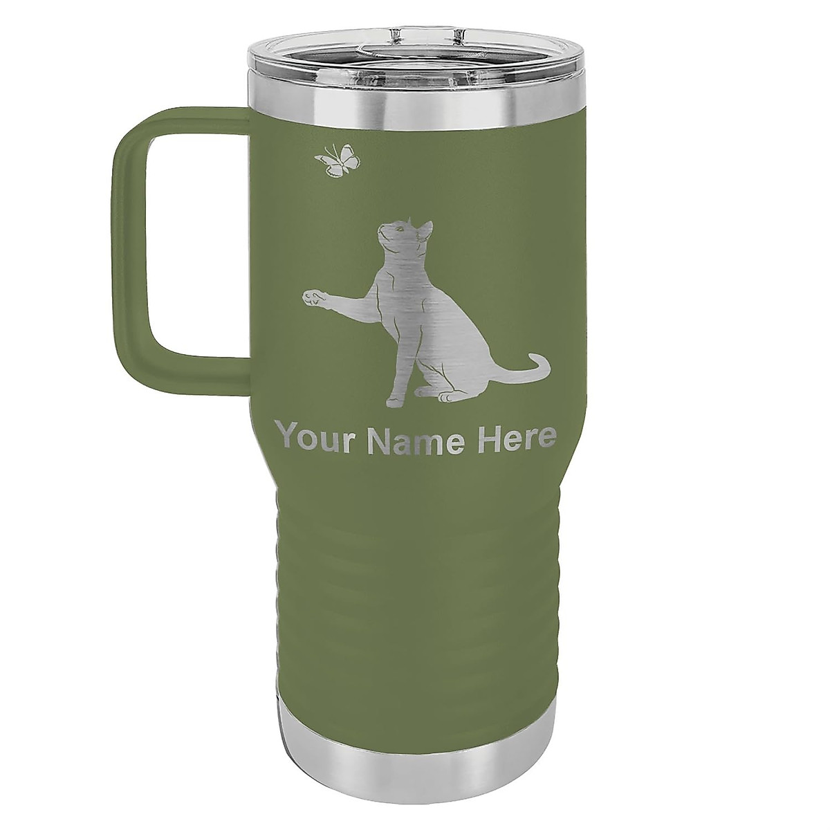 LaserGram 20oz Vacuum Insulated Travel Mug with Handle, Cat with Butterfly, Personalized Engraving Included (Camo Green)