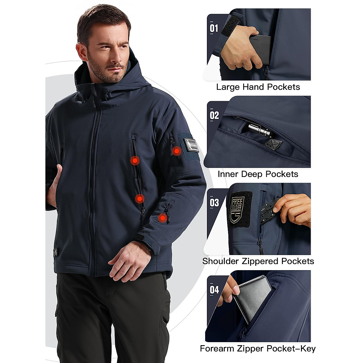FREE SOLDIER Men's Outdoor Waterproof Soft Shell Hooded Military Tactical Jacket (Dark Navy XX-Large/US)
