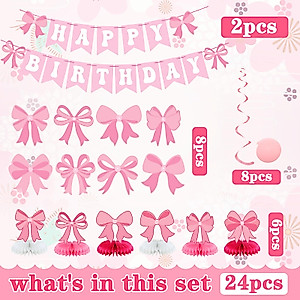 Fanfanwin 24 Pcs Coquette Pink Bow Party Decorations Pink Bow Birthday Party Favors Pink Bow Banners Ribbons Hanging Swirls Honeycomb Centerpieces for Women Baby Shower Christmas Party