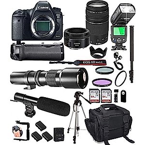 Canon EOS 6D Mark II with 50mm f/1.8 STM Prime + Tamron 70-300mm f/4-5.6 Di LD + 500mm Telephoto + 128GB Memory + Pro Battery Bundle + Power Grip + TTL Speed Light + Pro Filters,(25pc Bundle)