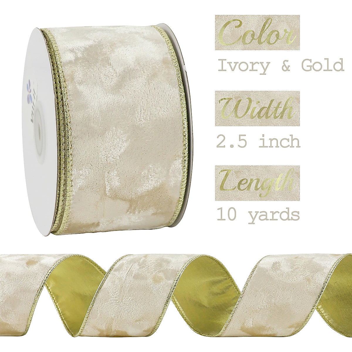 MEEDEE Ivory Velvet Ribbon with Gold Back Double Sided Christmas Wired Ribbon Cream Velvet Ribbon 2.5 Inch with 10 Yards Christmas Velvet Ribbon for Christmas Tree, Wreath Supplies, Crafts Bow