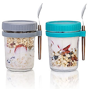 Overnight Oats Jars with Lid and Spoon Set of 2，10 oz Multiple Use Large Capacity Airtight Seal Oatmeal Container with Measurement Marks, Mason Jars with Lid, Grey and Turquoise