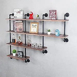 Womio 4-Tiers Industrial Floating Shelves Wall Mounted,63inch Rustic Pipe Shelf for Kitchen or Office Organizer,Real Wood&Metal Wall Shelf,Farmhouse Decorative Bookshelf,Retro Grey