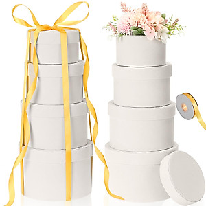 Tenceur 8 Pcs Round Gift Boxes with Lids for Presents Velvet Nesting Gifts Box Arrangements Flowers Boxes 4 Assorted Sizes with 1 Roll Ribbon for Valentine‘s Day Wedding Birthday Party(White)