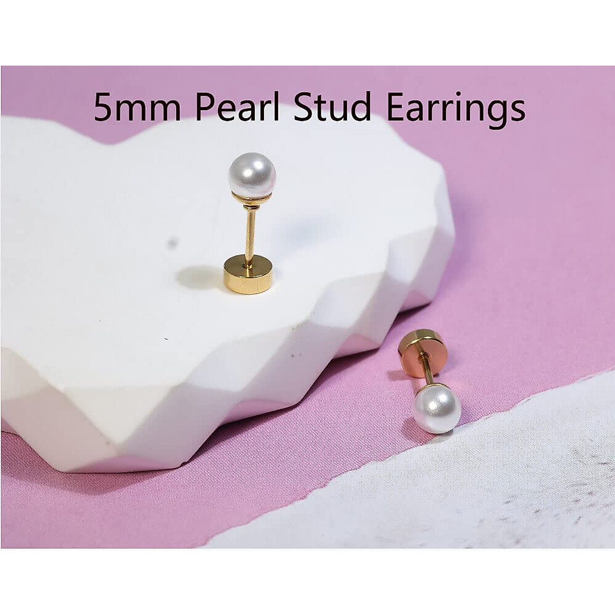14K Gold Screw Back Pearl Stud Earrings for Women,Flat Back Pearl Cartilage Earrings Pearl Helix Earrings Hypoallergenic 316L Surgical Steel Piercing Jewelry Gift for Toddlers (5mm Pearl, Gold)